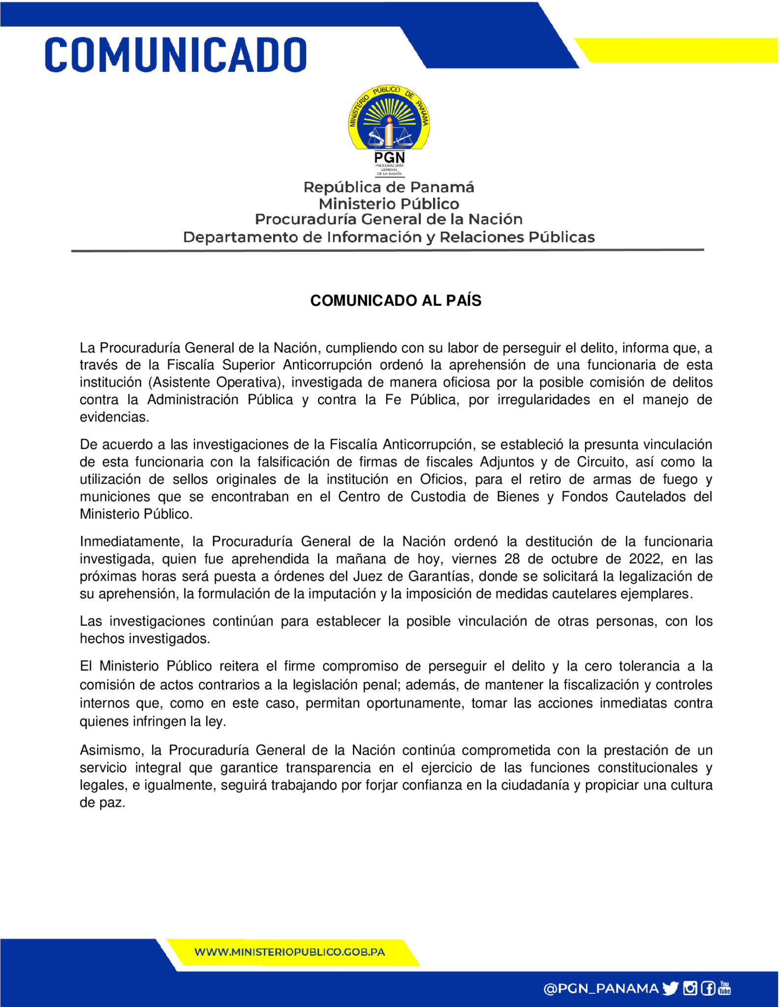 COMUNICADO - Procuraduria General de la Nación